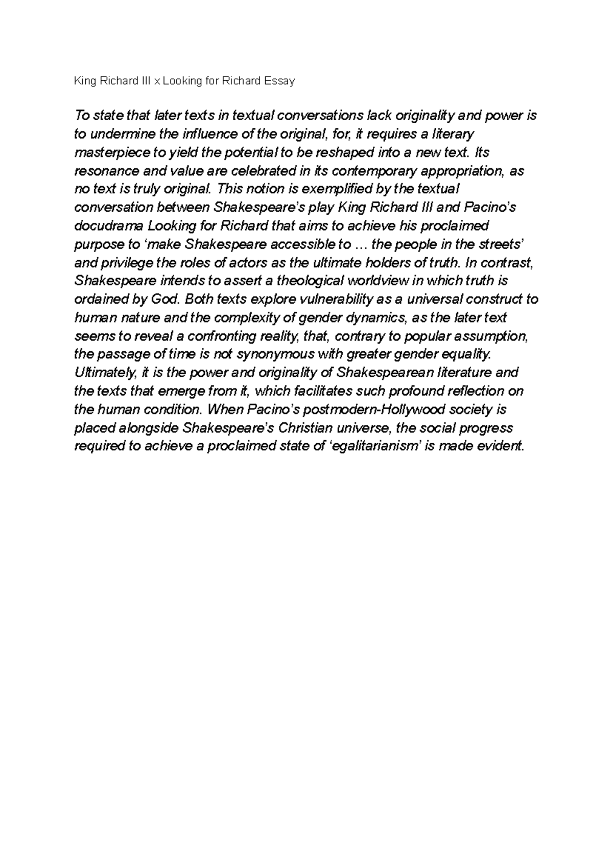 King Richard III & Looking for Richard Essay Analysis - Studocu