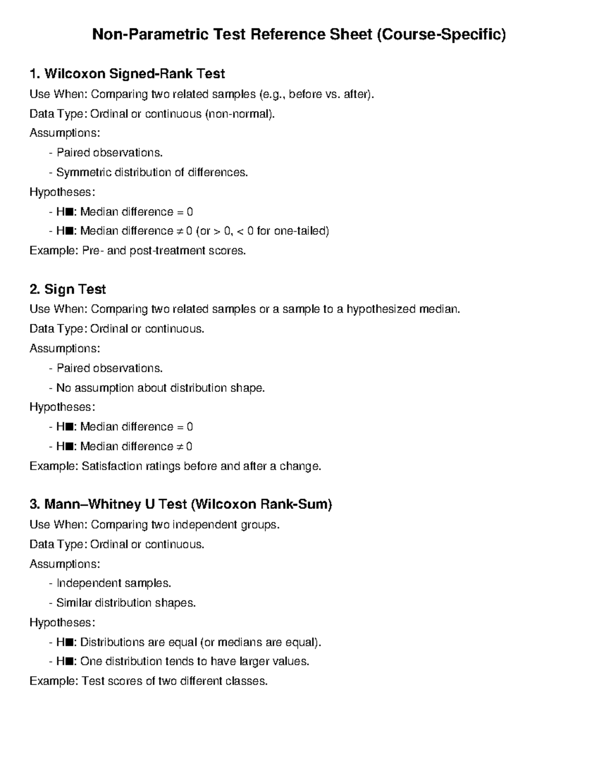 Non-Parametric Test Reference Sheet: Wilcoxon & U Tests Guide - Studocu