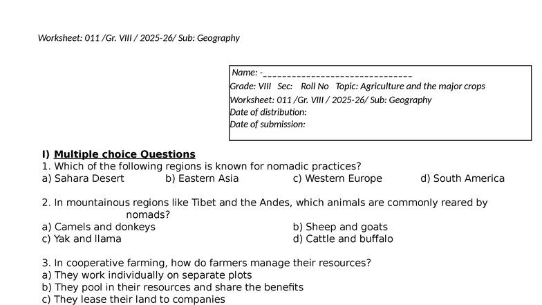 Geography Worksheet 011: Agriculture & Major Crops - Grade 8 - Studocu
