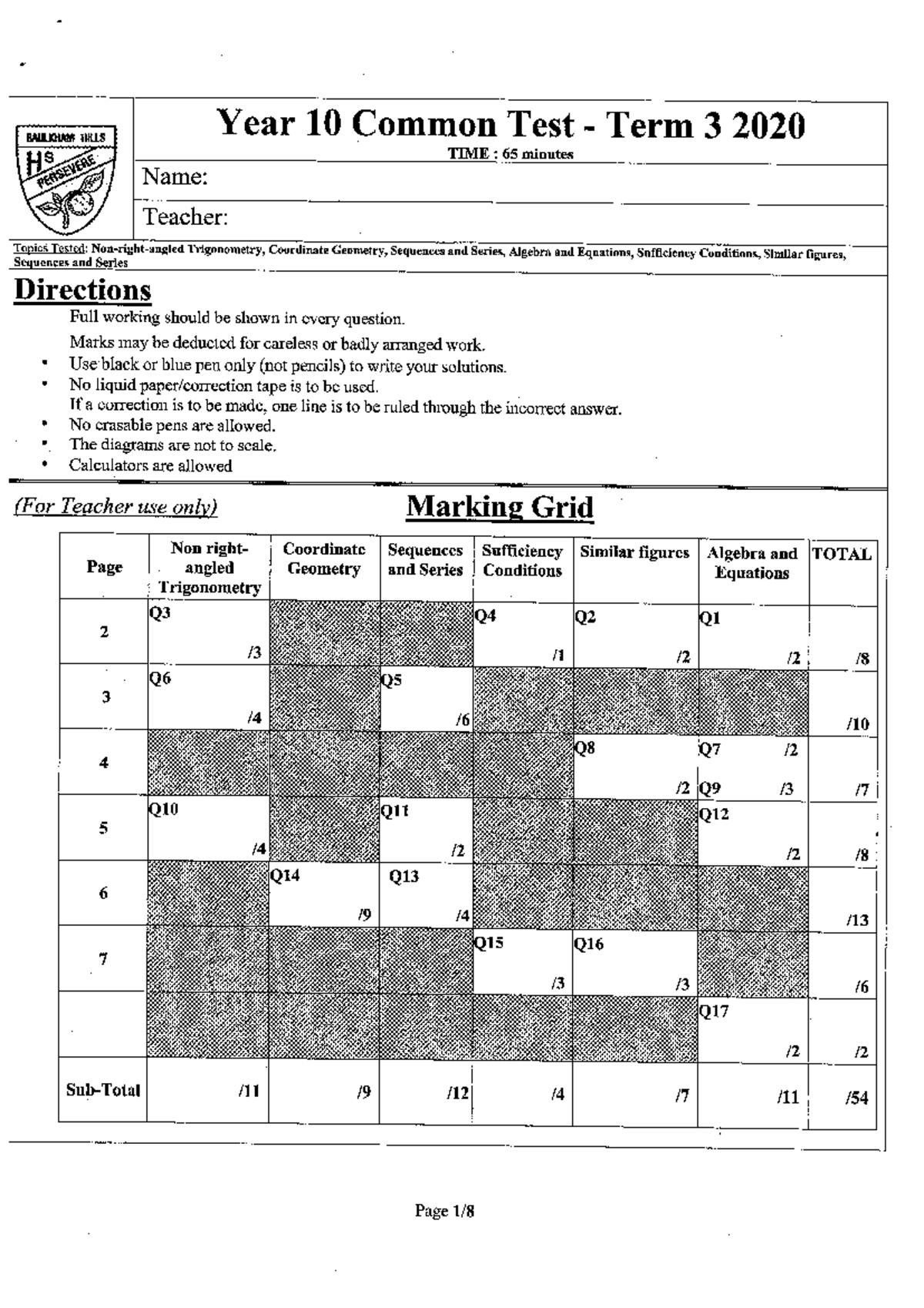 Year 10 T3 2020 Common Test: Trigonometry & Algebra Topics - Studocu