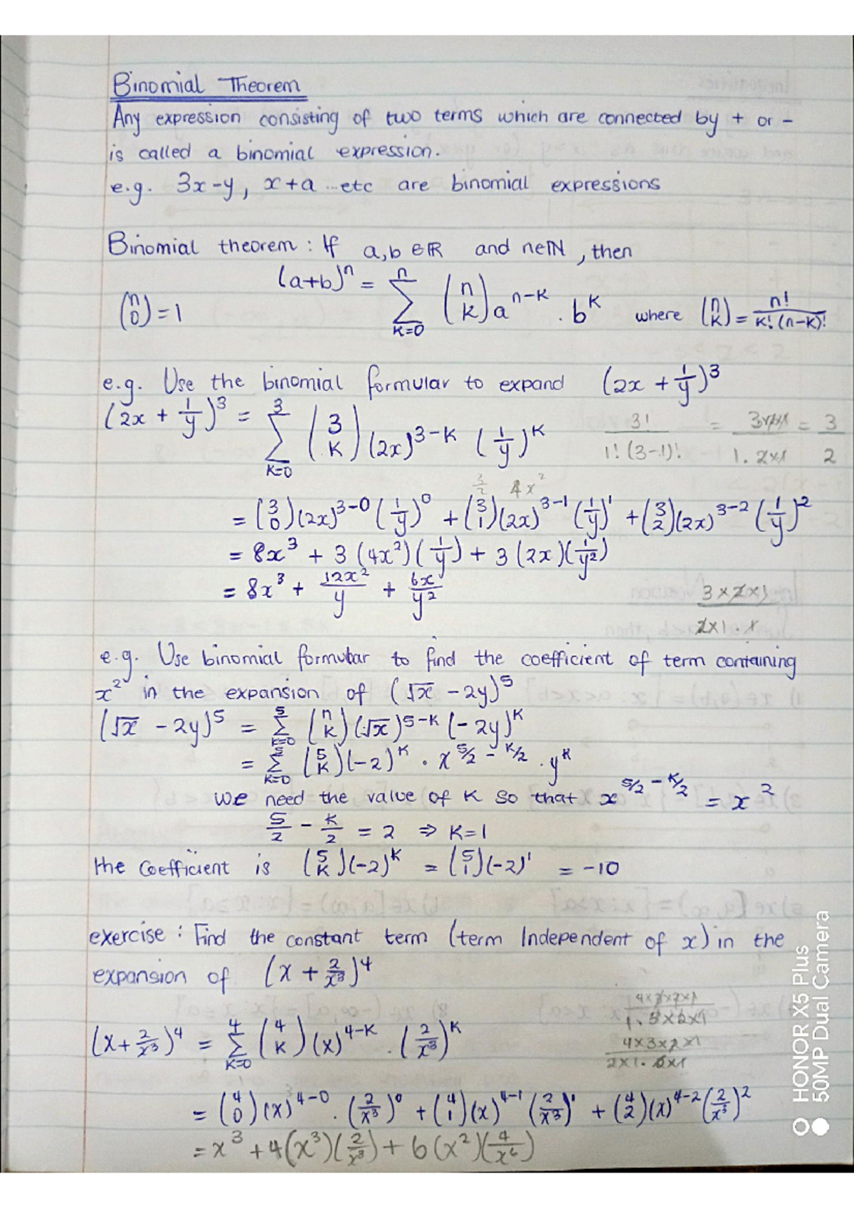THE BINOMIAL THEOREM - Binomial Theorem Any expression consisting of ...