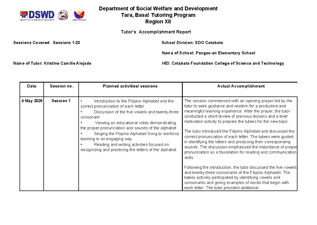Accomplishment Report: Tara, Basa! Tutoring Program Region XII Sessions ...