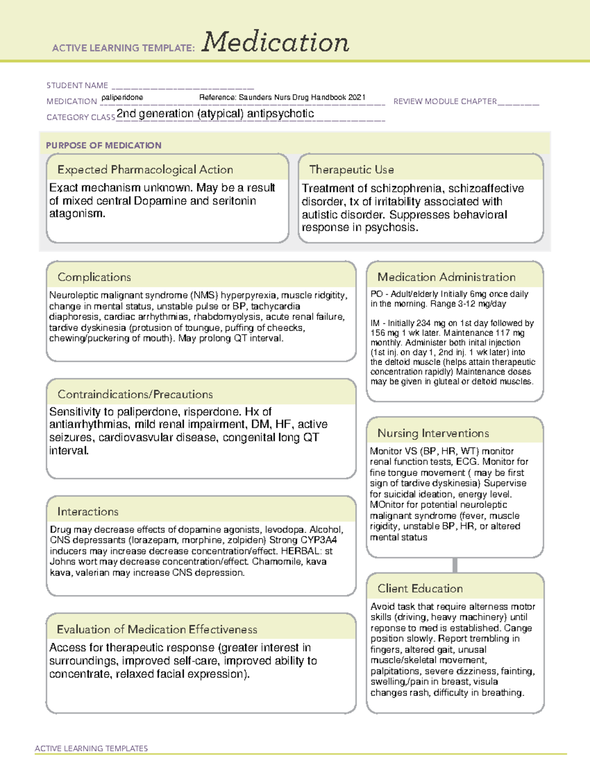 Medication Template: Active Learning for Paliperidone (Nursing) - Studocu
