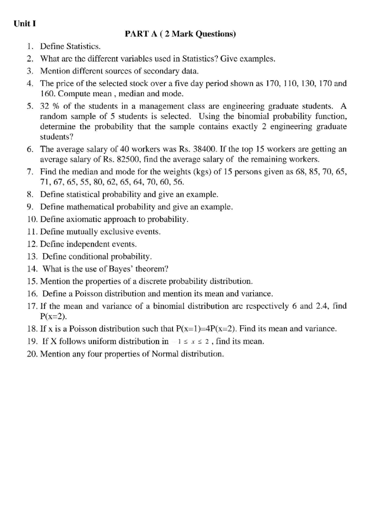 BA4101-Statistics for Management Comprehensive Question Bank - Studocu