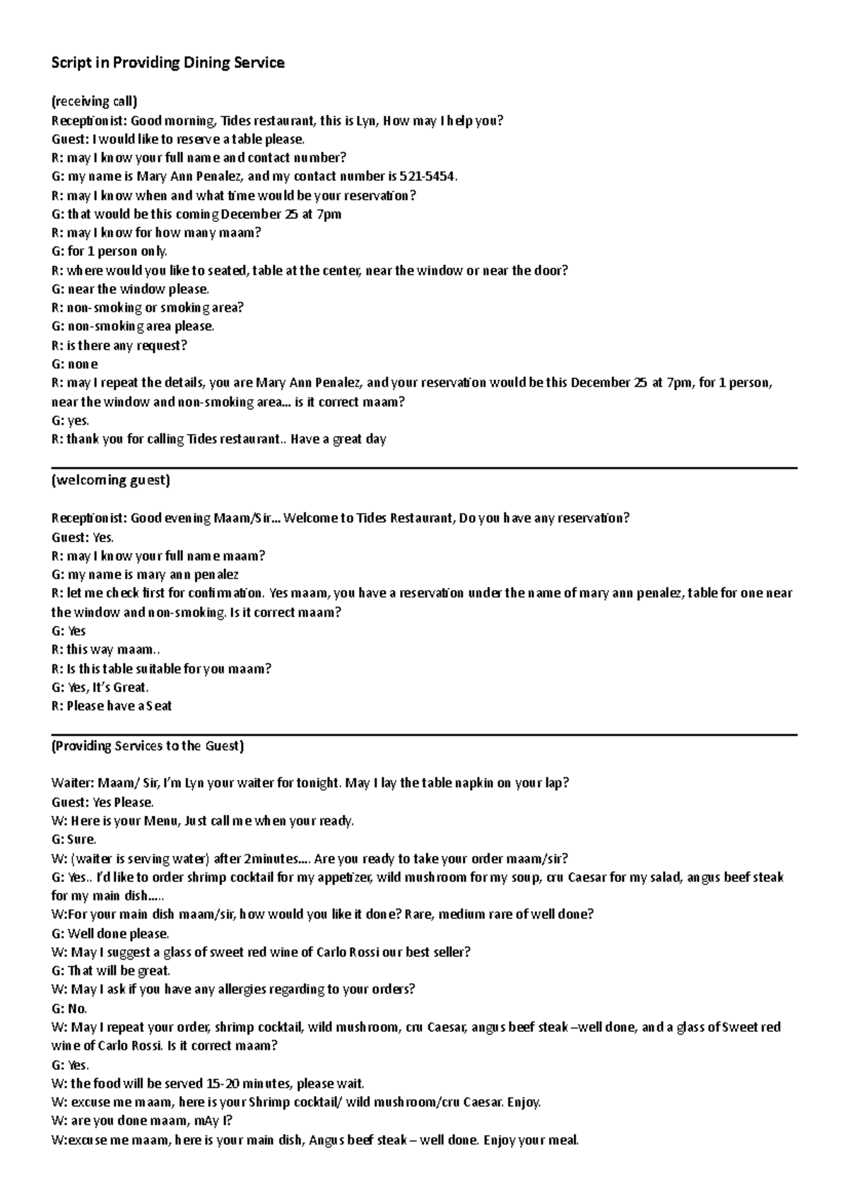 Food and Beverage Service NC II Script - Script in Providing Dining ...