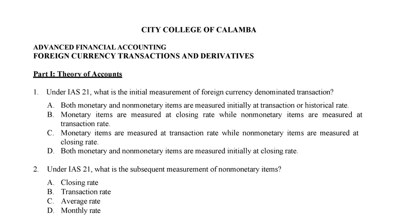 CITY COLLEGE OF CALAMBA ADVANCED FINANCIAL ACCOUNTING FOREIGN CURRENCY ...