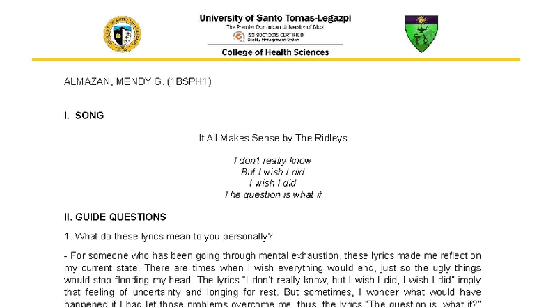 UTS (1BSPH1) Homework: Reflection on "It All Makes Sense" Lyrics - Studocu