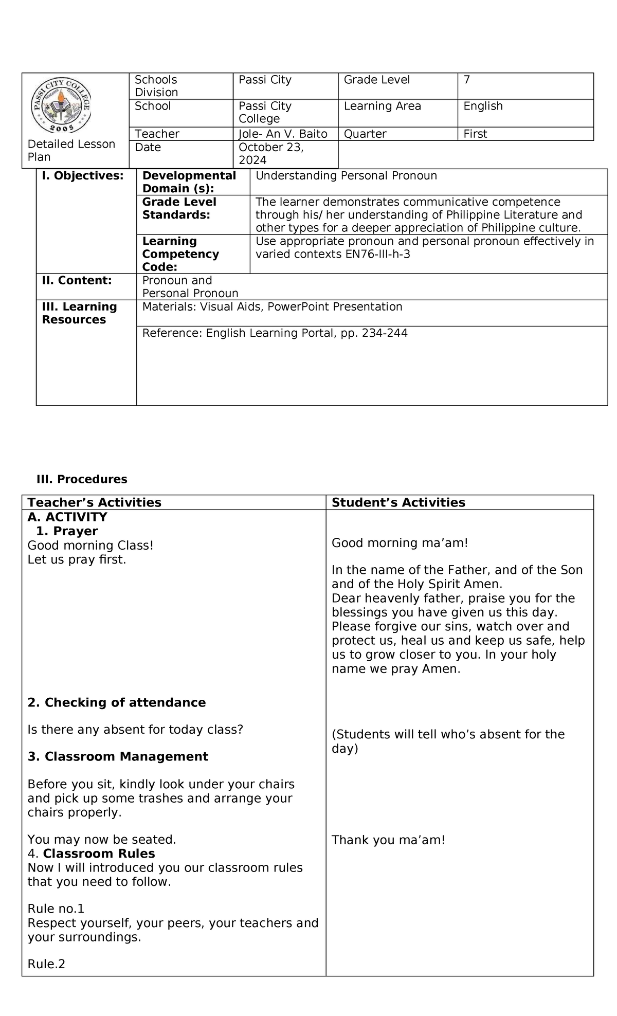 Detailed Lesson Plan in English 7: Understanding Personal Pronouns ...