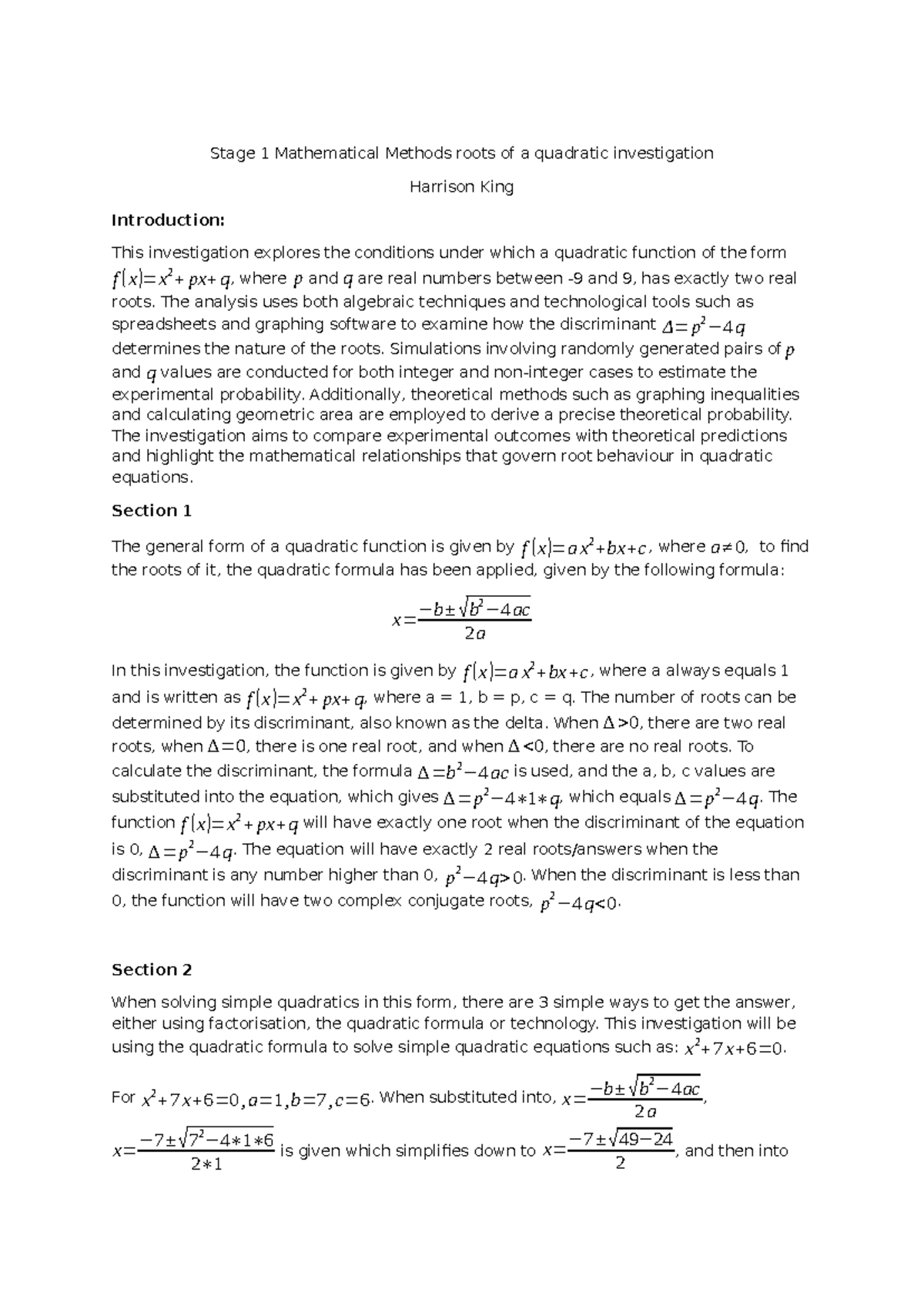 Stage 1 Mathematical Methods: Investigating Quadratic Roots - Studocu