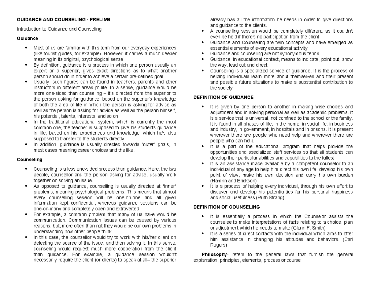 Guidance and Counseling: Overview and Key Concepts for Prelims - Studocu