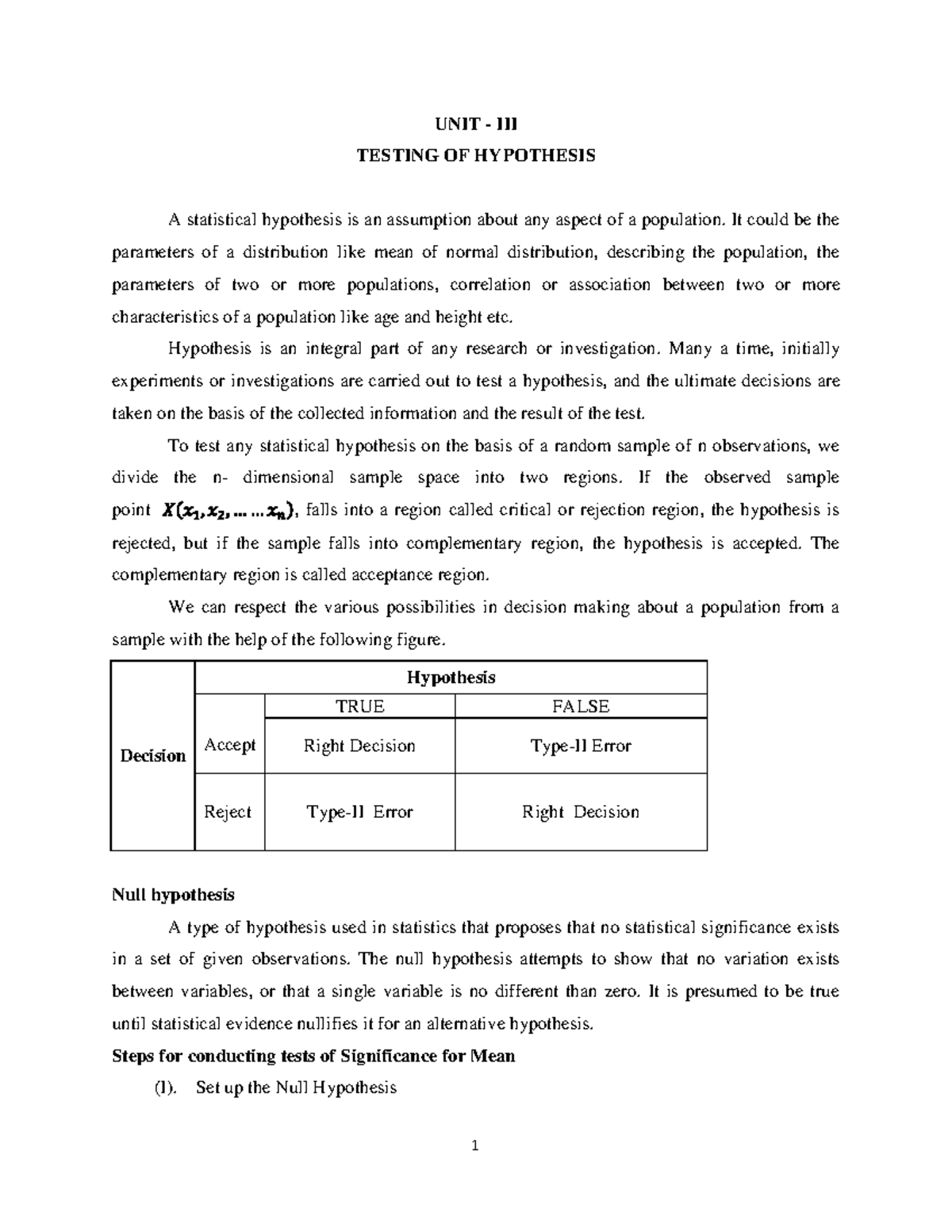 Testing of Hypothesis (Statistics Course: Final Exam Review) - Studocu