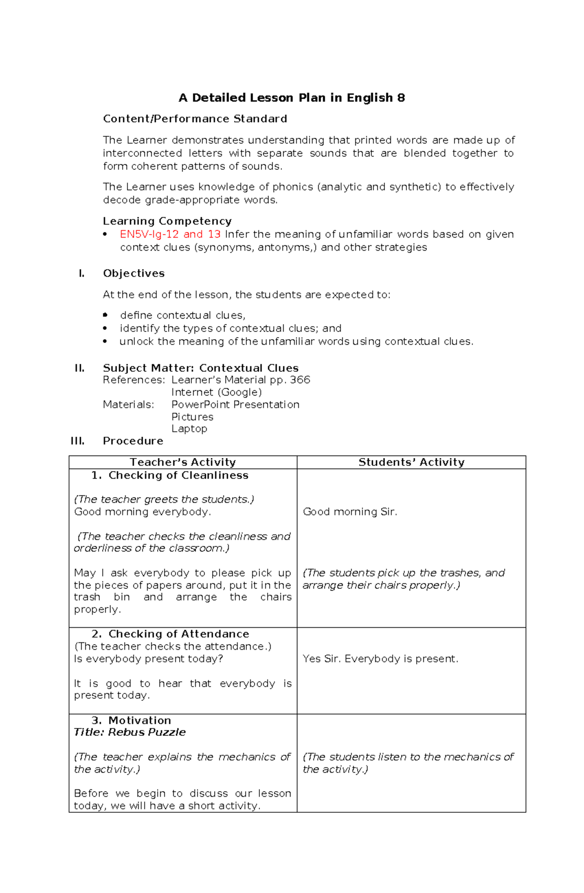 LESSON PLAN- Context Clues in English 8 on Decoding Skills - Studocu