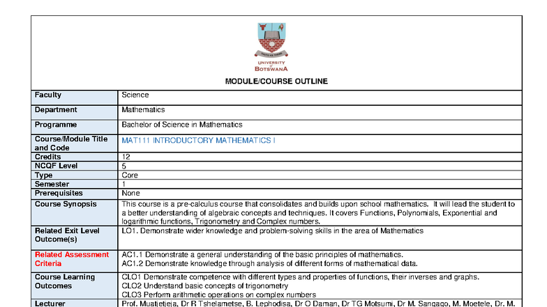 MAT111 Introductory Mathematics I Course Outline (BQA) 2025 - Studocu