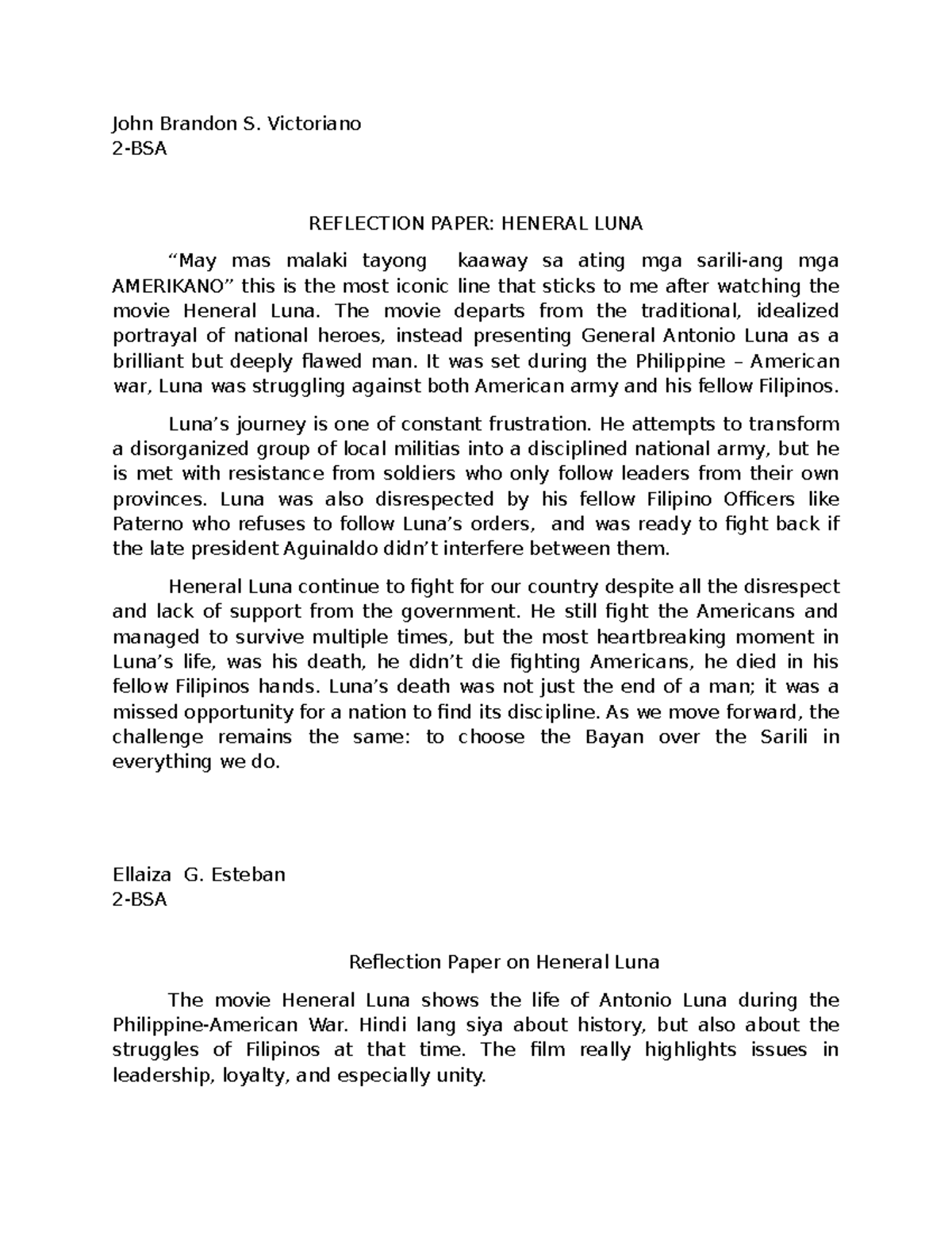 REFLECTION PAPER: HENERAL LUNA by John Brandon S. Victoriano - Studocu