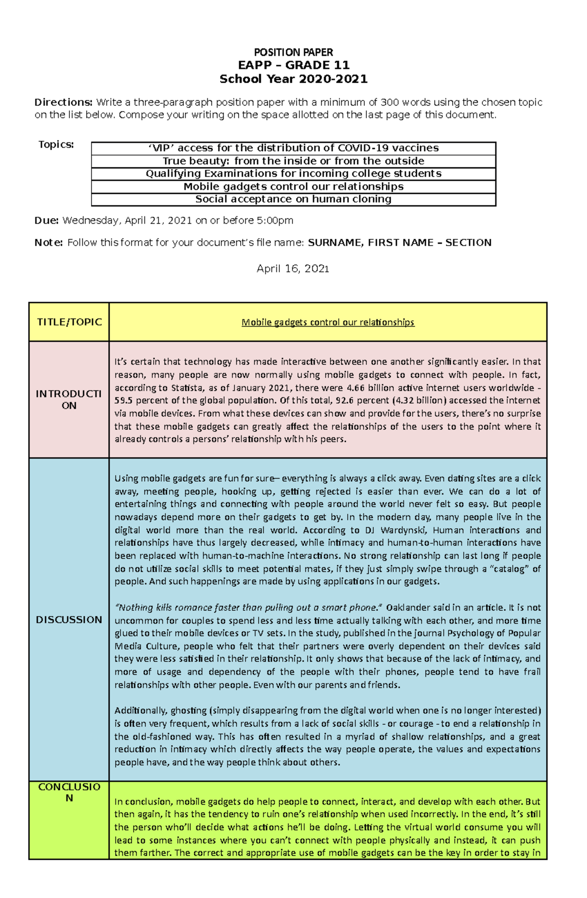 Position- Paper- Grade 11 - POSITION PAPER EAPP – GRADE 11 School Year ...