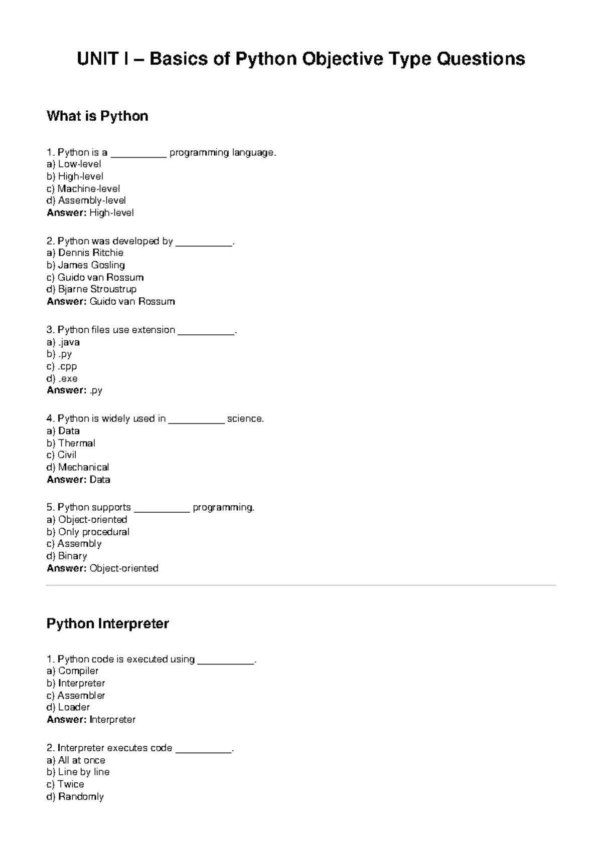 Unit I: Python Basics Objective Type Questions (4 Options) - Studocu