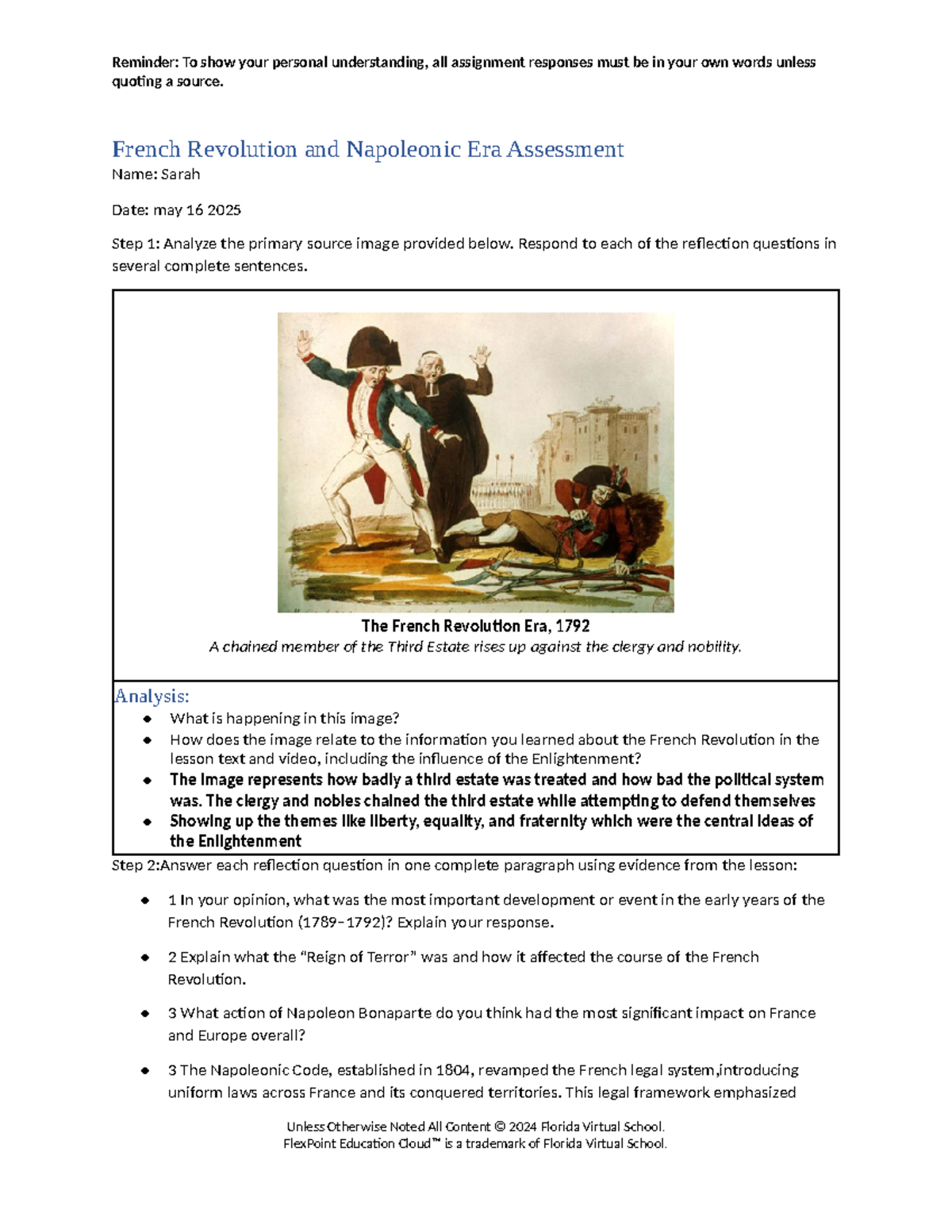 French Revolution & Napoleonic Era Assessment (WH) - Sarah - Studocu