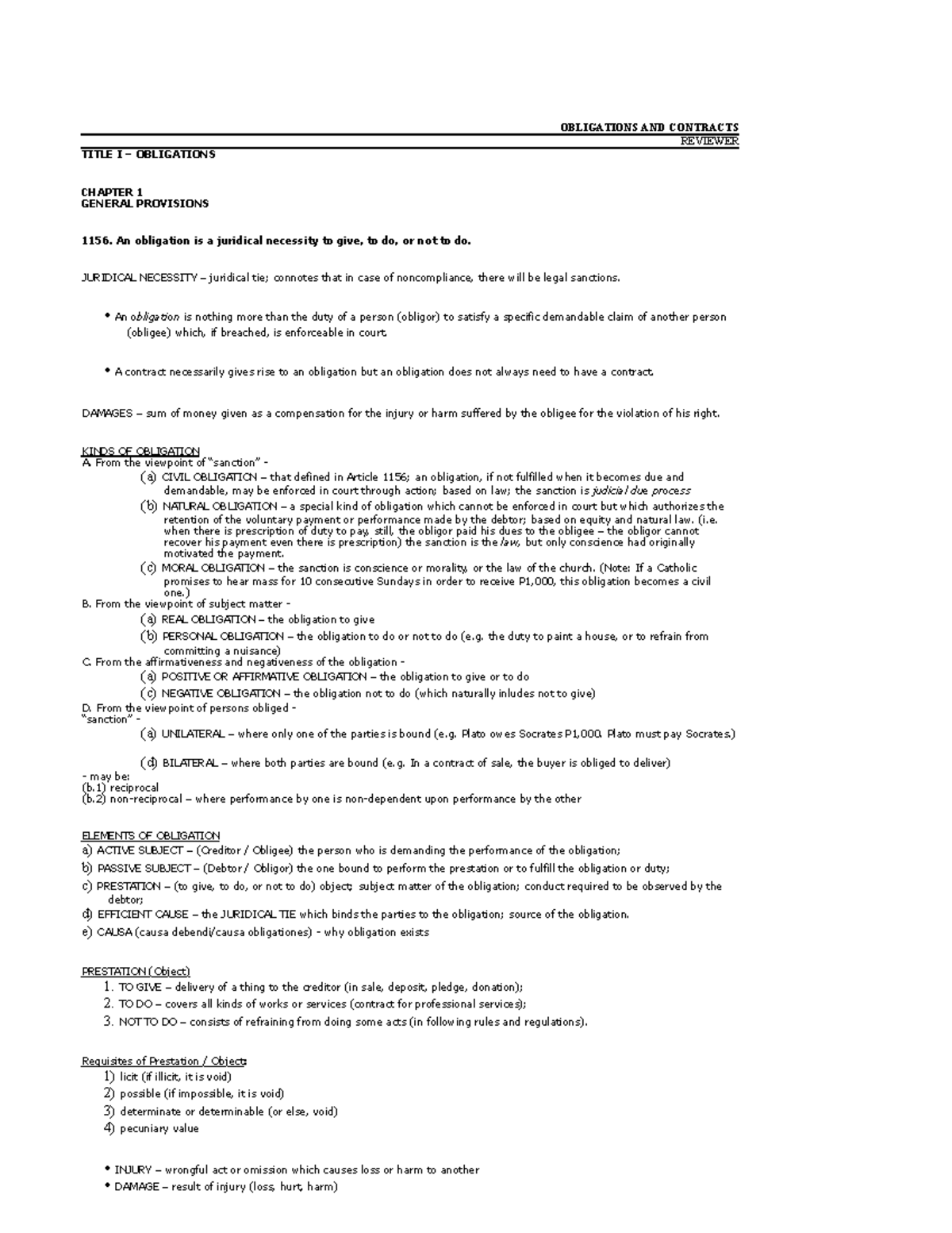 Oblicon-Reviewer - Lecture notes 1-10 - OBLIGATIONS AND CONTRACTS ...