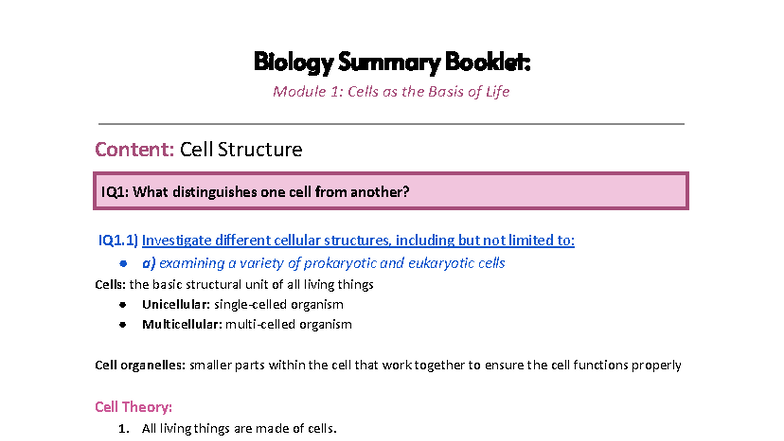 Year 11 Biology Module 1: Cells as the Basis of Life Notes - Studocu