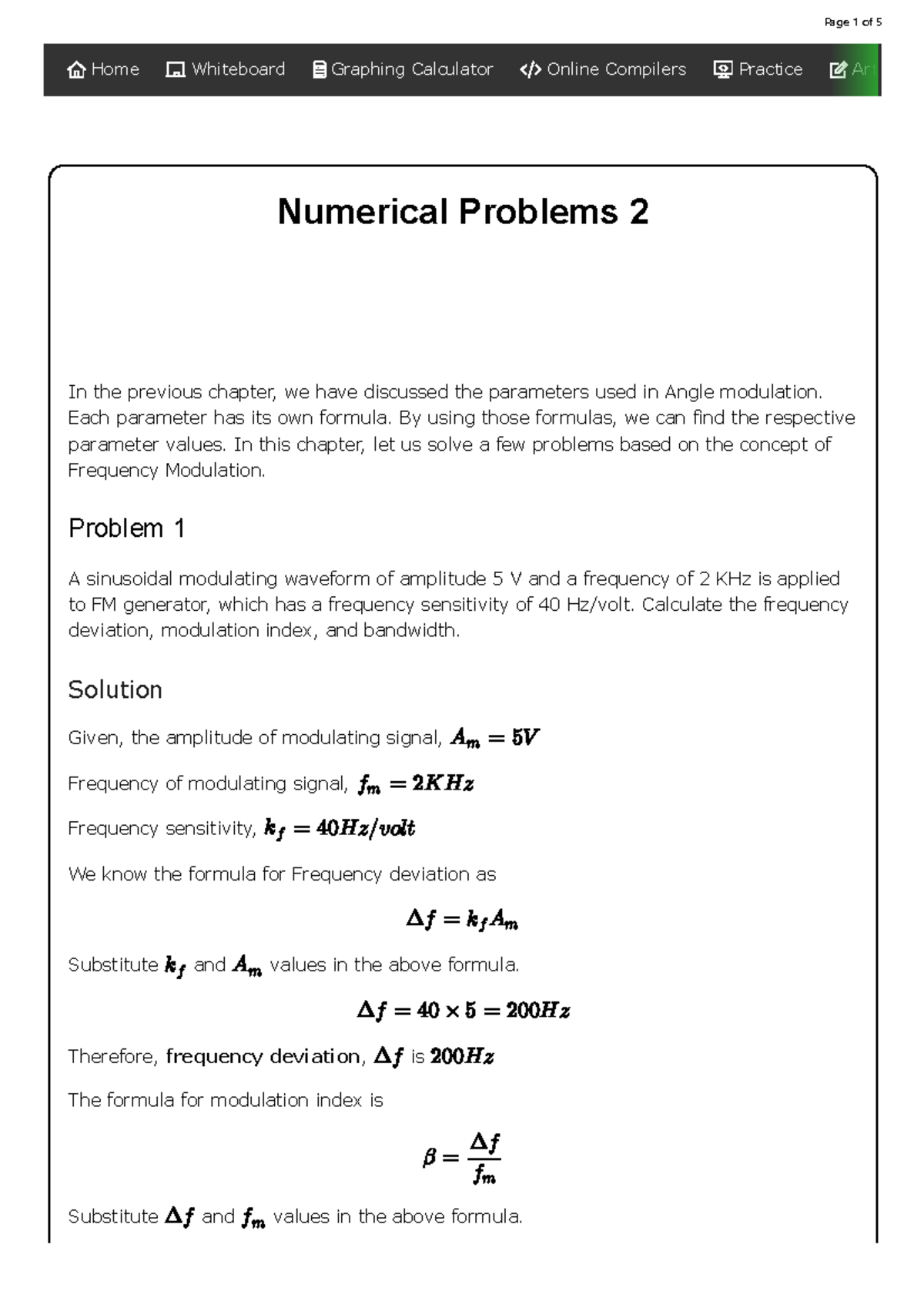Angle Modulation Problems and Solutions - Course Code: FM101 - Studocu