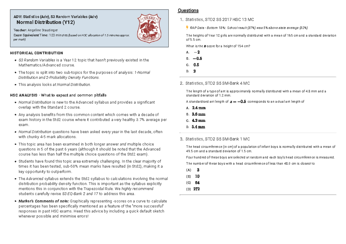 Normal Distribution Analysis - Yr 12 - Advanced Statistics Notes - Studocu