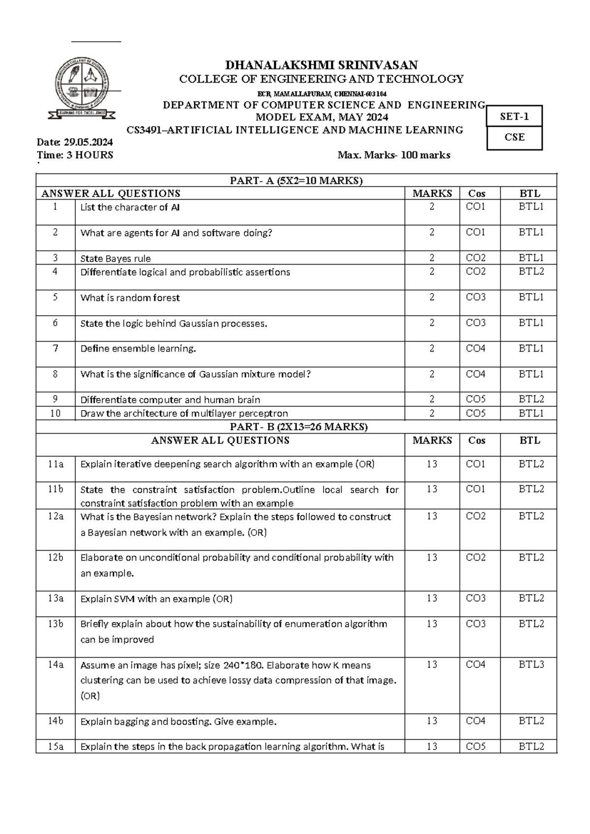 CS3491 AIML Model Exam Questions - May 2024 - Studocu
