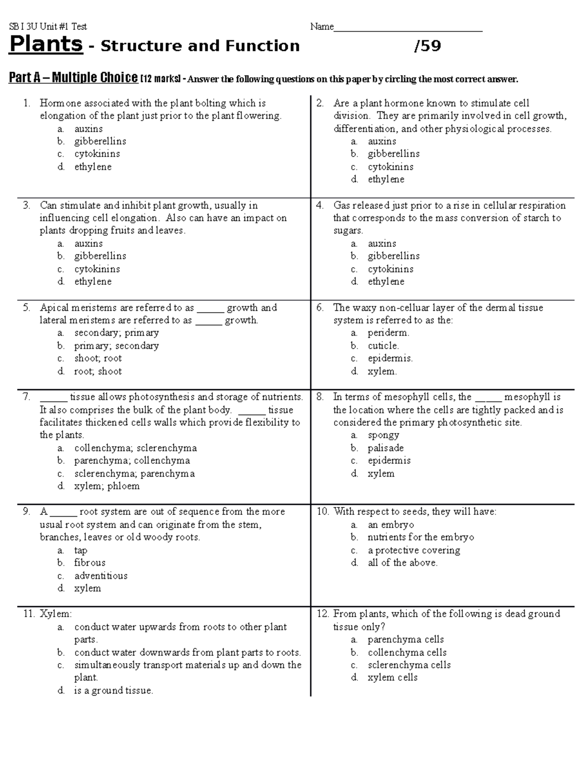 Grade 11 SBI 3U Bio Test - Structure and Function of Plants - Studocu