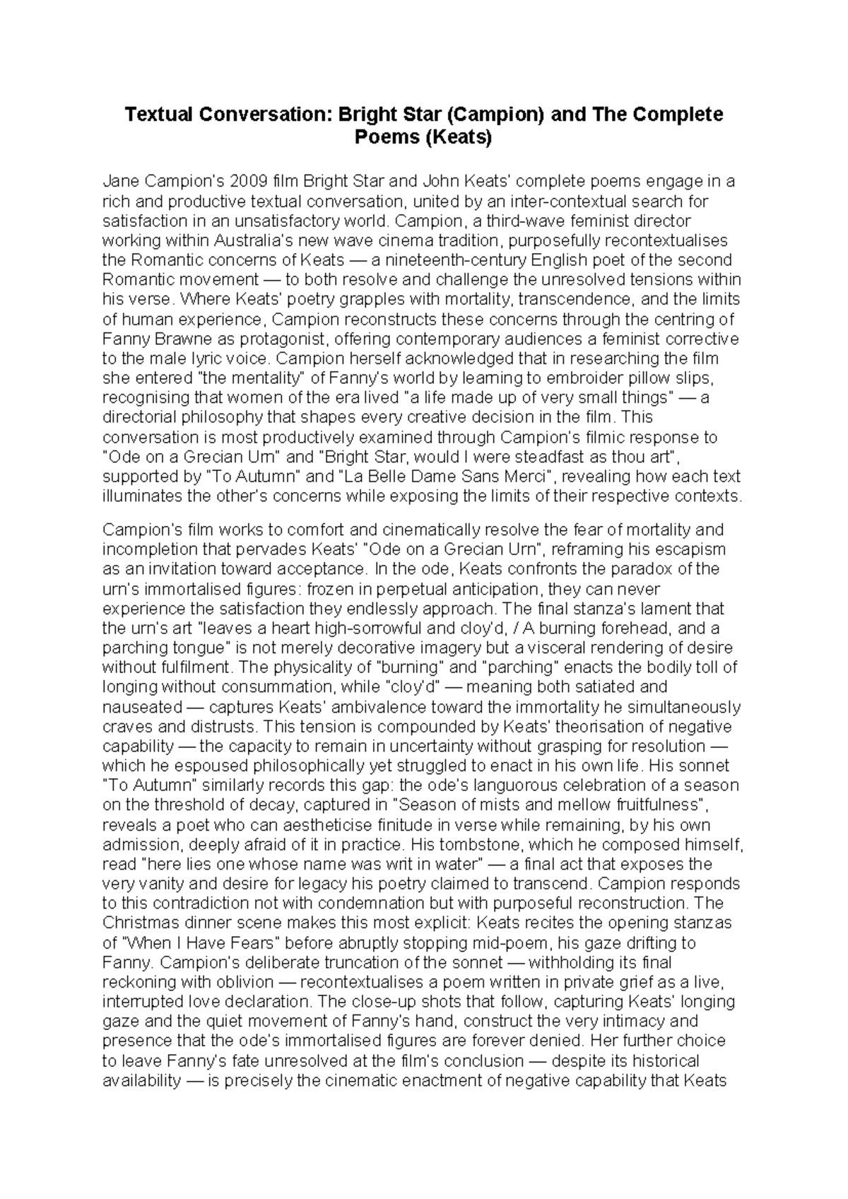 Bright Star Essay (ENG 200): Feminist Perspectives on Keats and Campion ...