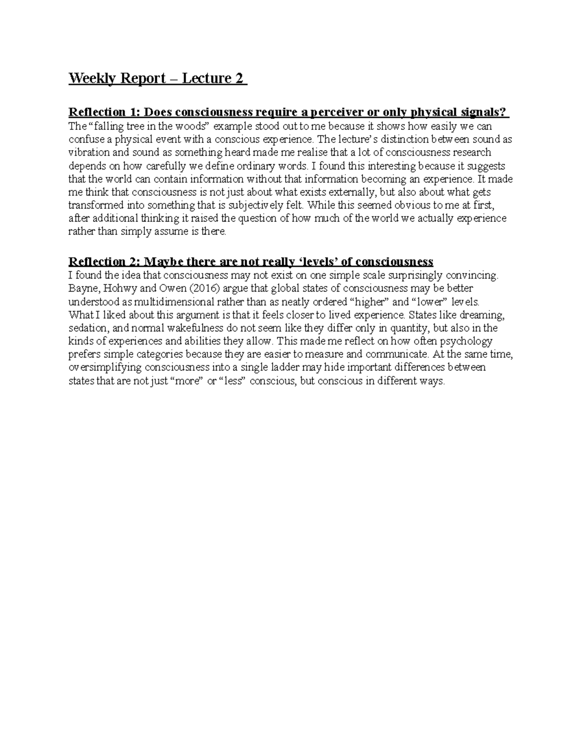Weekly Report L2: Reflections on Consciousness and Perception - Studocu