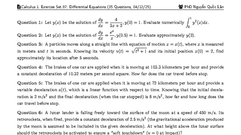 Calculus 1 (CALC1): Exercise Set 07 - Differential Equations (35 Qs ...