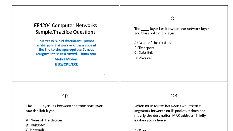 H04 EE4204 Computer Networks Sample Questions and Answers - Studocu