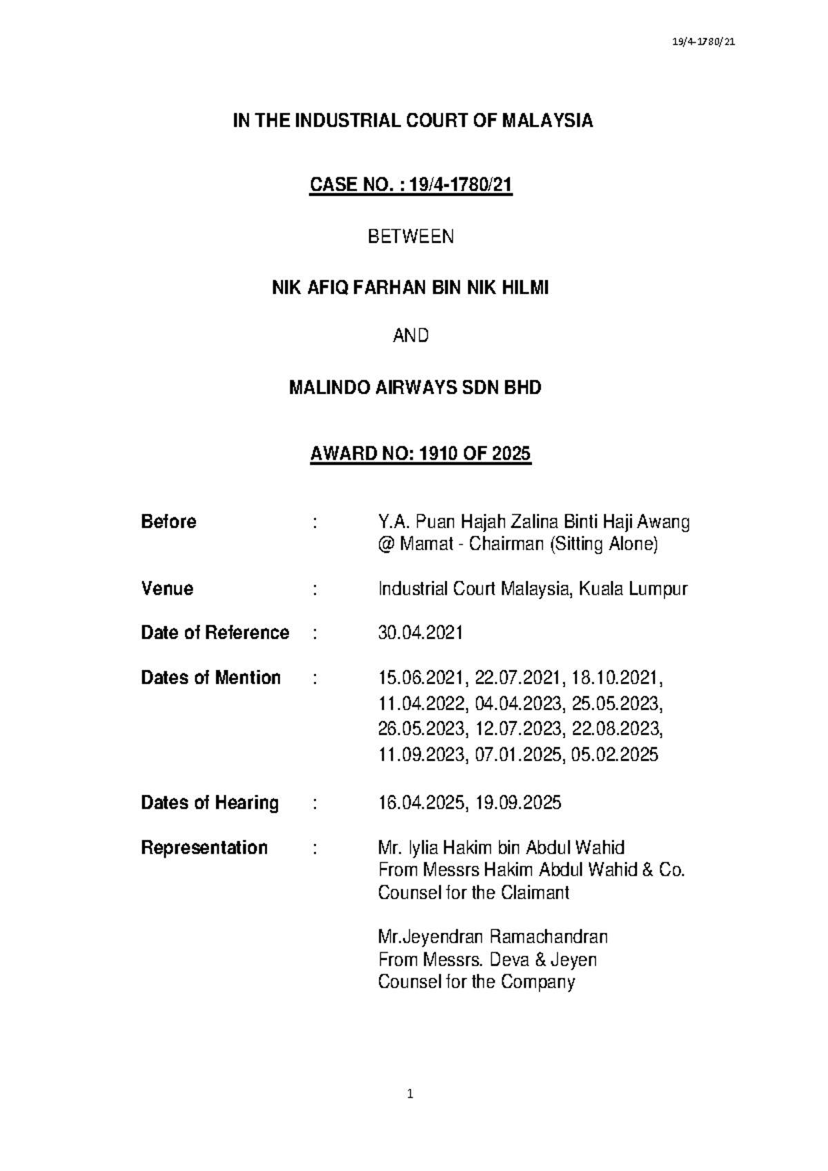 Award on Redundancy: Nik Afiq Farhan vs Malindo Airways (HRM659) - Studocu
