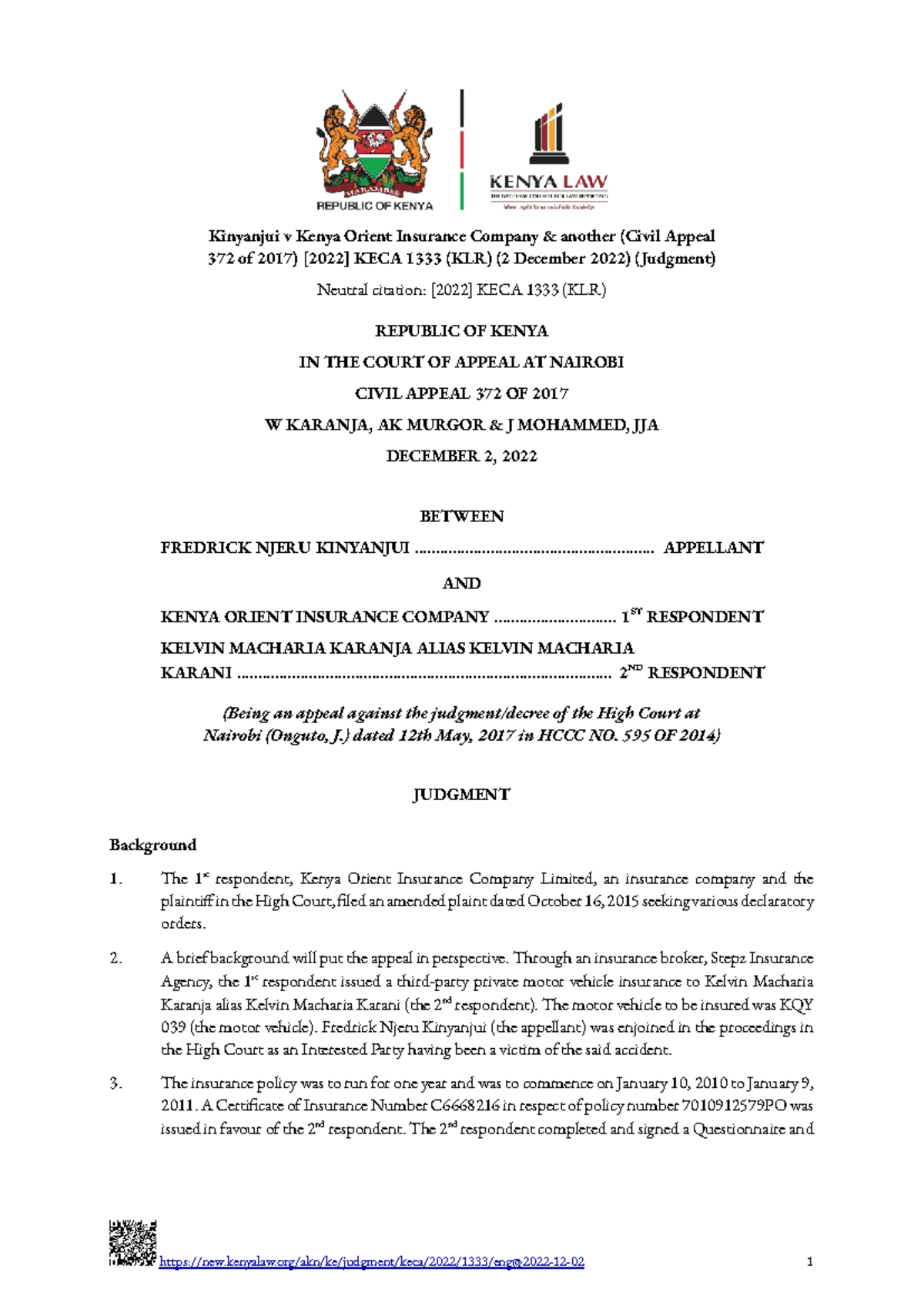 Kinyanjui v Kenya Orient Ins. Co. (Civil Appeal 372/2017) - Judgment ...