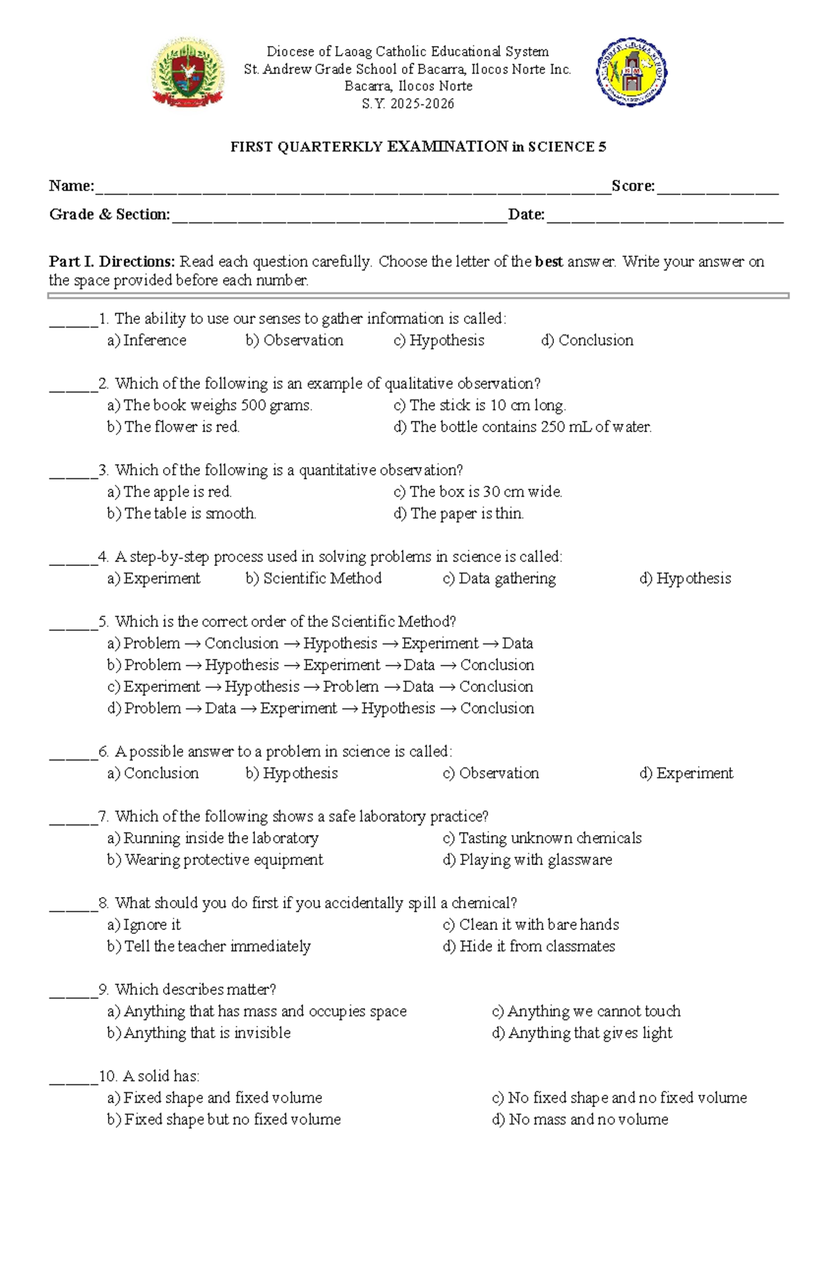 Science 5 - 1st Quarter Periodical Exam Review - Studocu