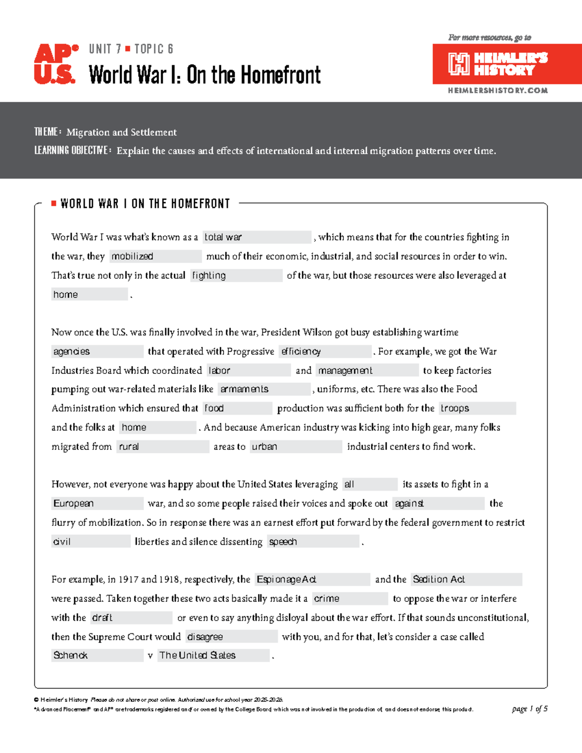 APUSH Unit 7 Topic 6: WWI Homefront Migration & Civil Liberties Notes ...