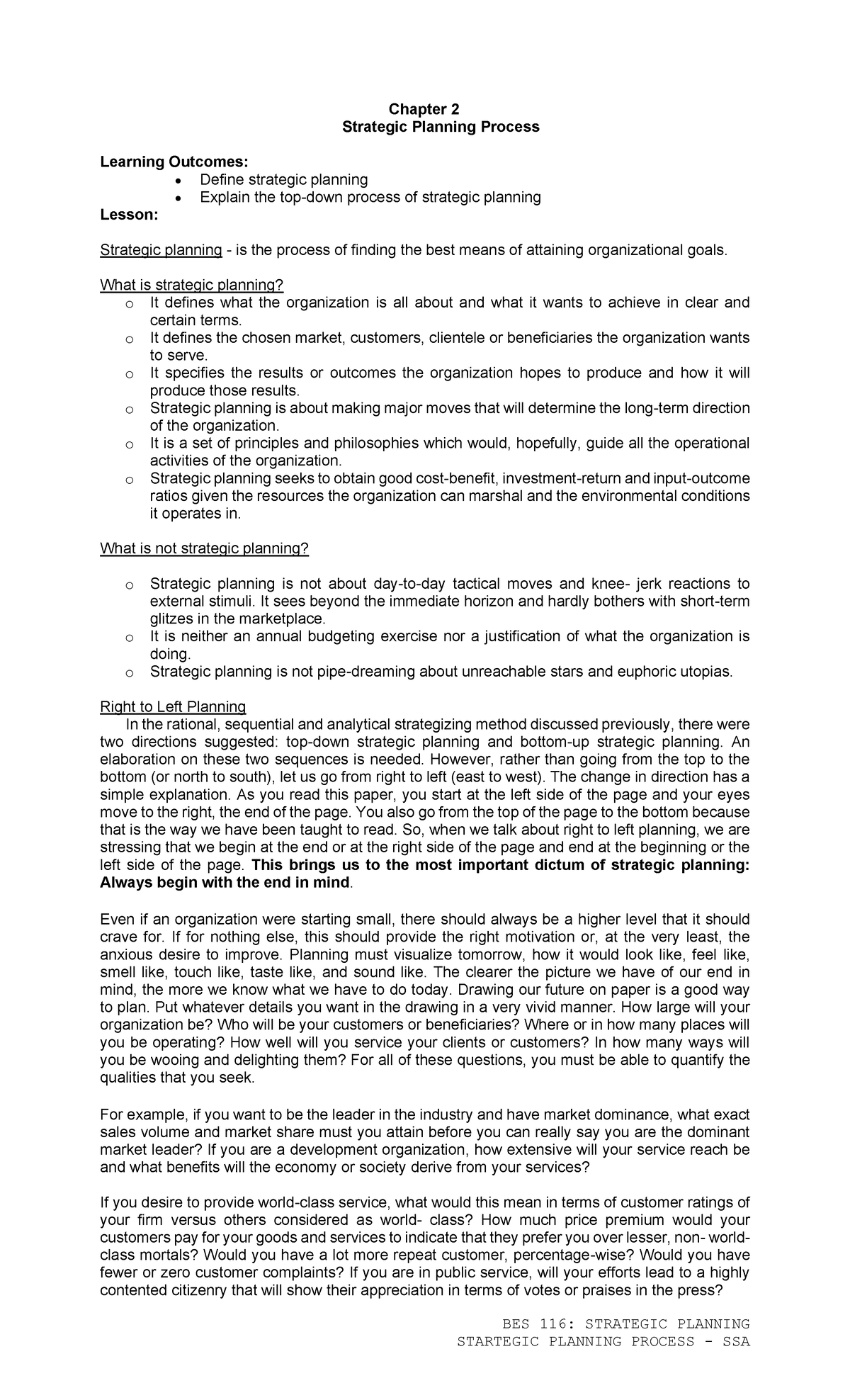 BES 116 Topic 2 - Strategic Planning Process Overview Lecture Notes ...
