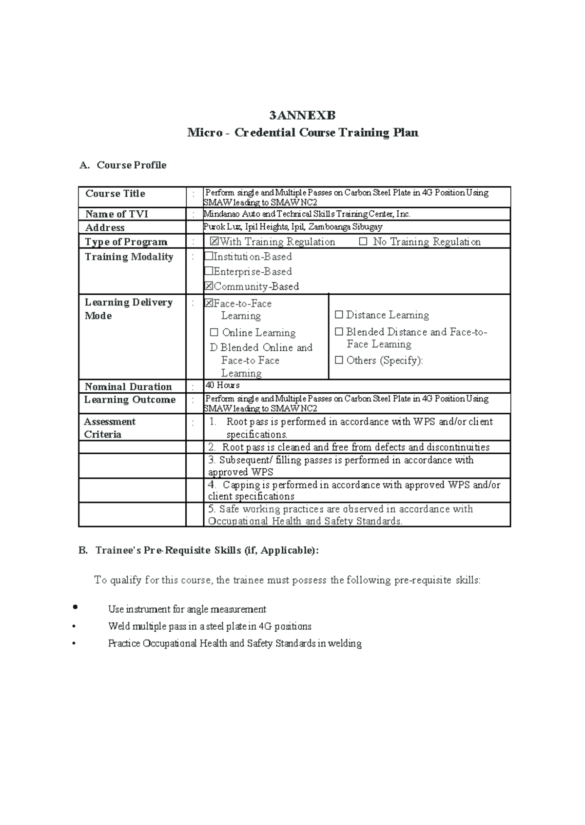 Micro-Credential Course Plan: Welding Carbon Steel in 4G Position - Studocu