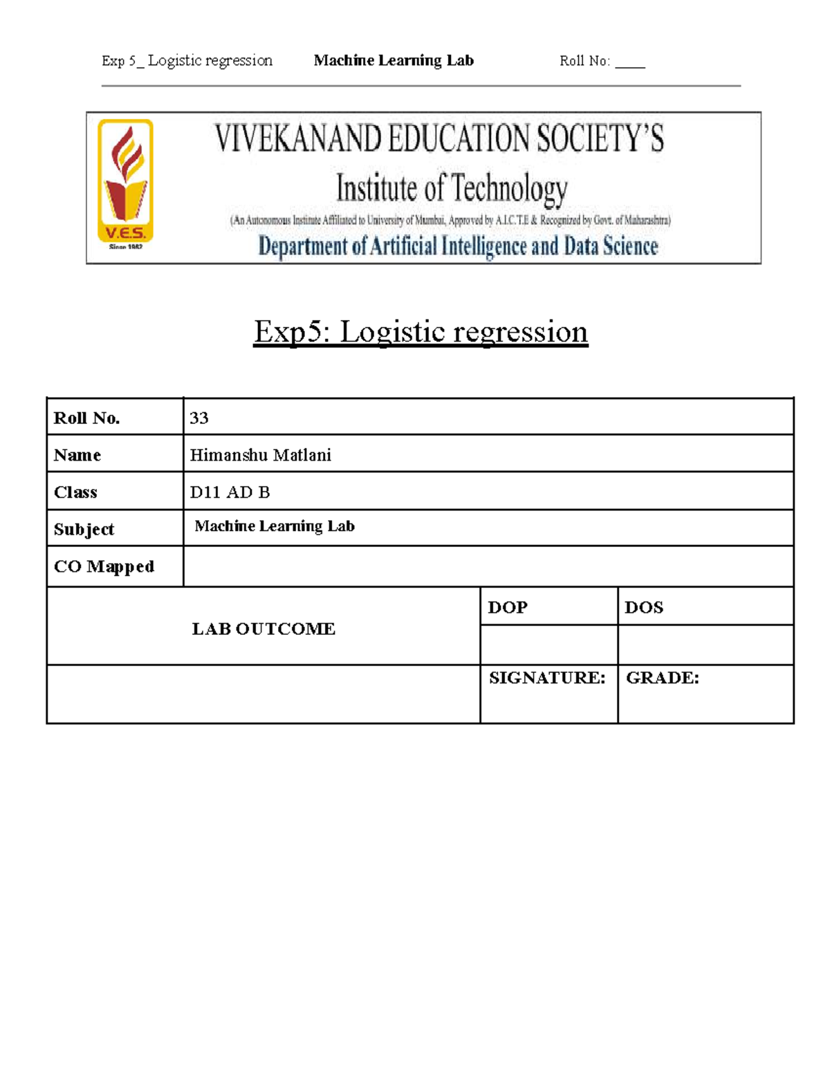 Exp 5: Logistic Regression Implementation in Machine Learning Lab - Studocu