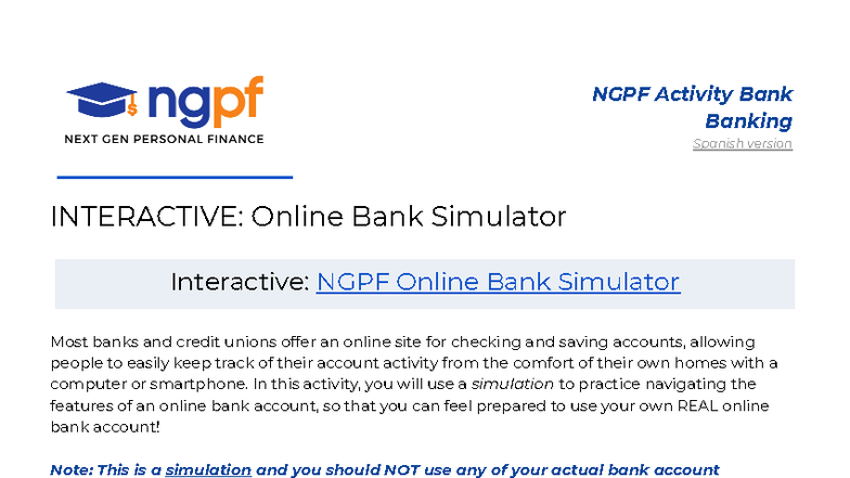 NGPF Activity Bank: Interactive Online Bank Simulator Guide - Studocu
