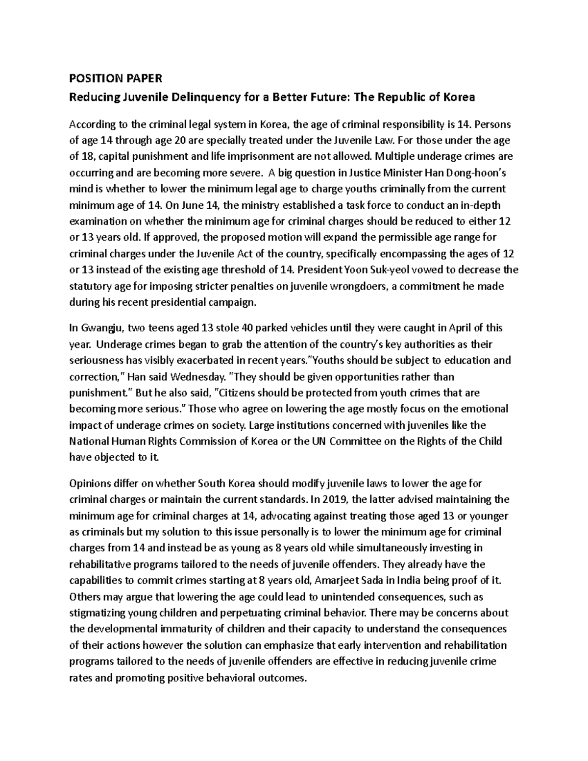 MUN Position Paper - POSITION PAPER Reducing Juvenile Delinquency for a ...