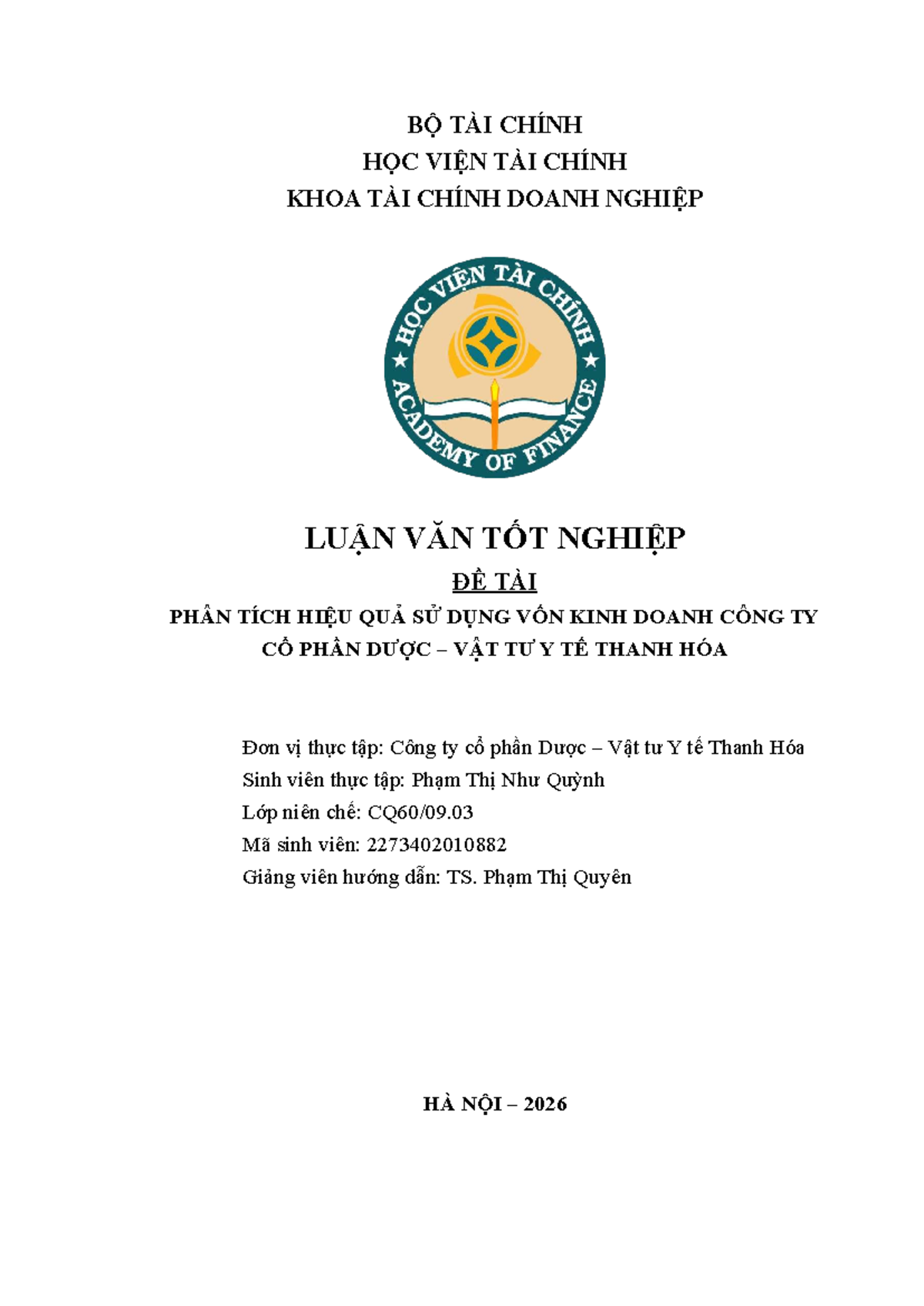 Luận Văn Tốt Nghiệp: Phân Tích Hiệu Quả Sử Dụng Vốn Kinh Doanh CTCP ...