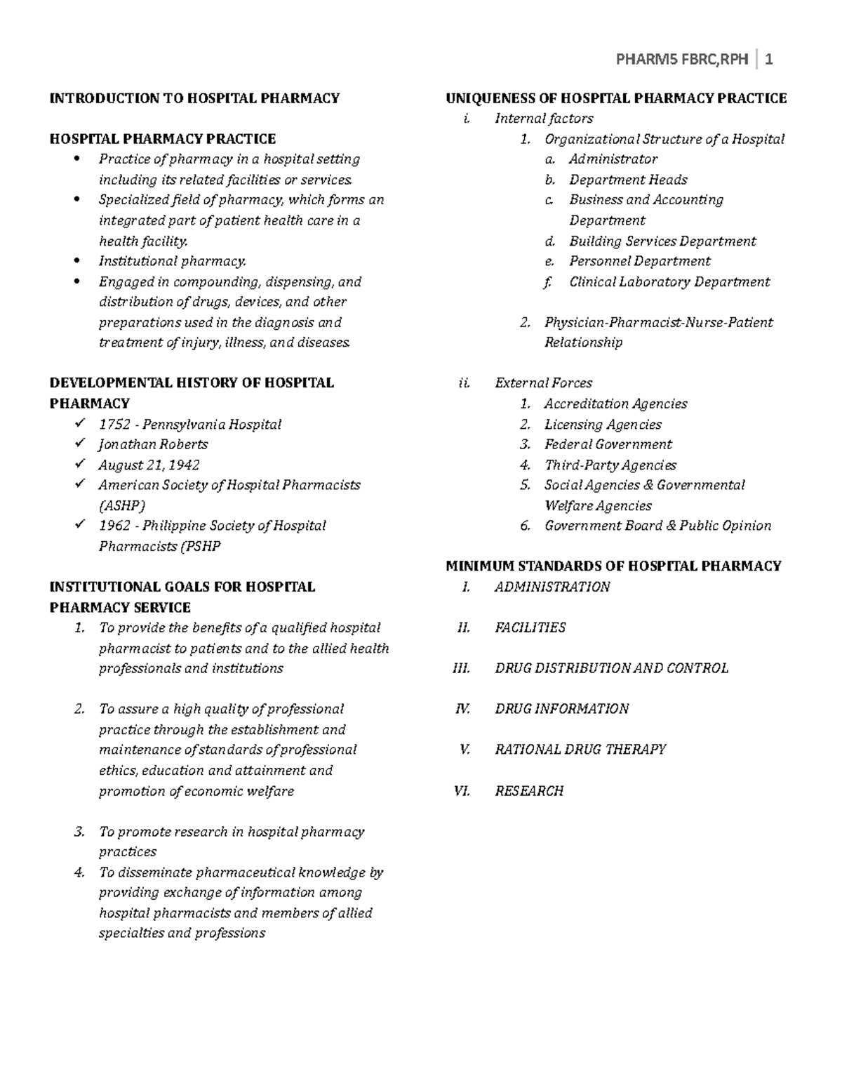 PHARM5 FBRC: Overview of Hospital Pharmacy Practice & Standards - Studocu