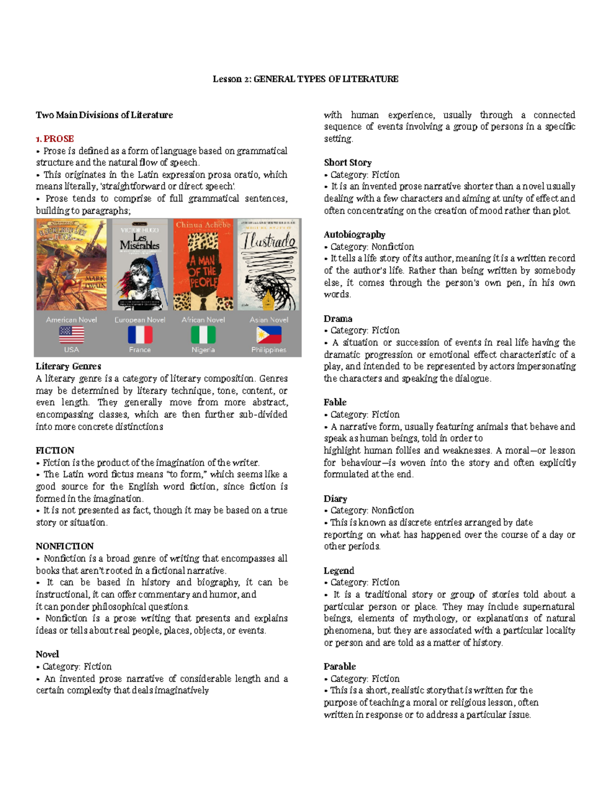 Lesson 2 ( World LIT) - GENERAL TYPES OF LITERATURE - Lesson 2: GENERAL ...
