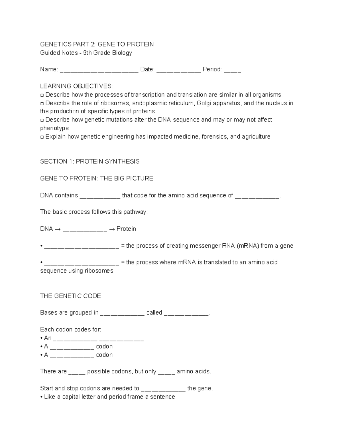 GENETICS 9TH GRADE: GENE TO PROTEIN GUIDED NOTES - Studocu