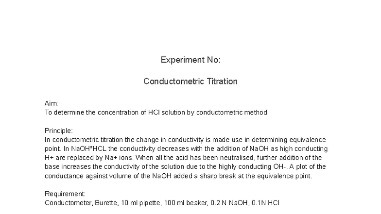 Conductometric Titration Experiment No: HCl Concentration Analysis - Studocu