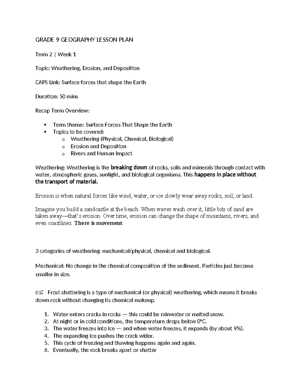 GRADE 9 GEOGRAPHY LESSON PLAN: Weathering, Erosion & Deposition - Studocu