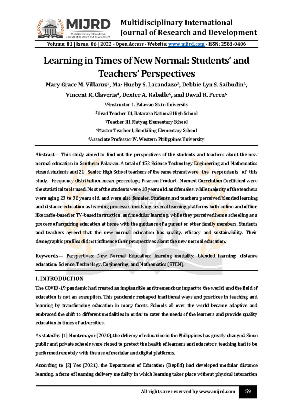 **Journal of Research and Development: Learning in New Normal Education ...