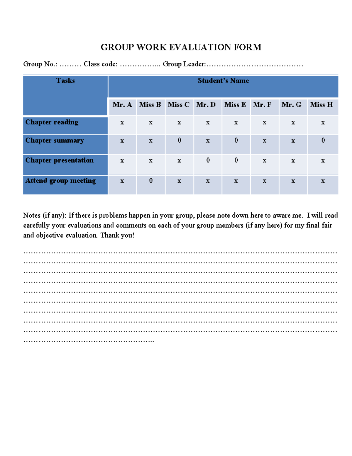 Group work evaluation form - GROUP WORK EVALUATION FORM Group No ...