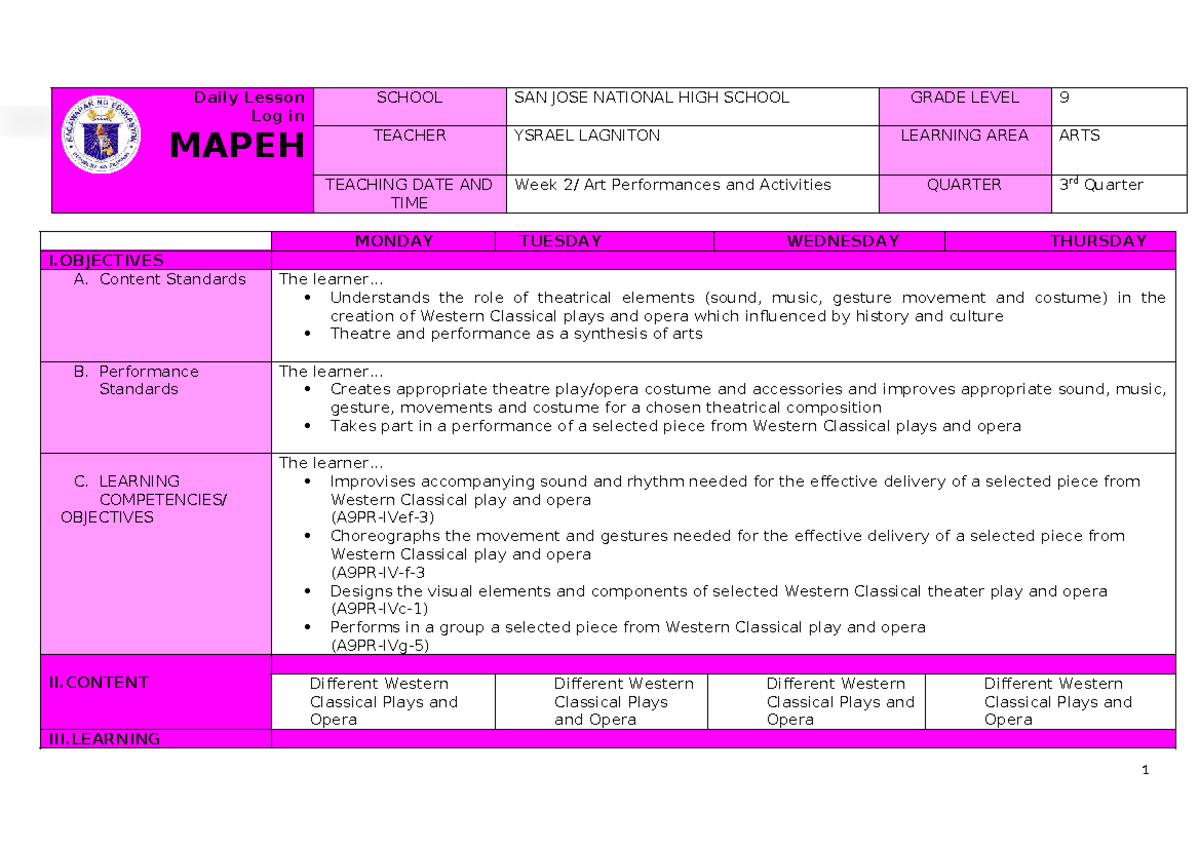 Daily Lesson Log: MAPEH 9 - Arts Week 3 Activities - Studocu