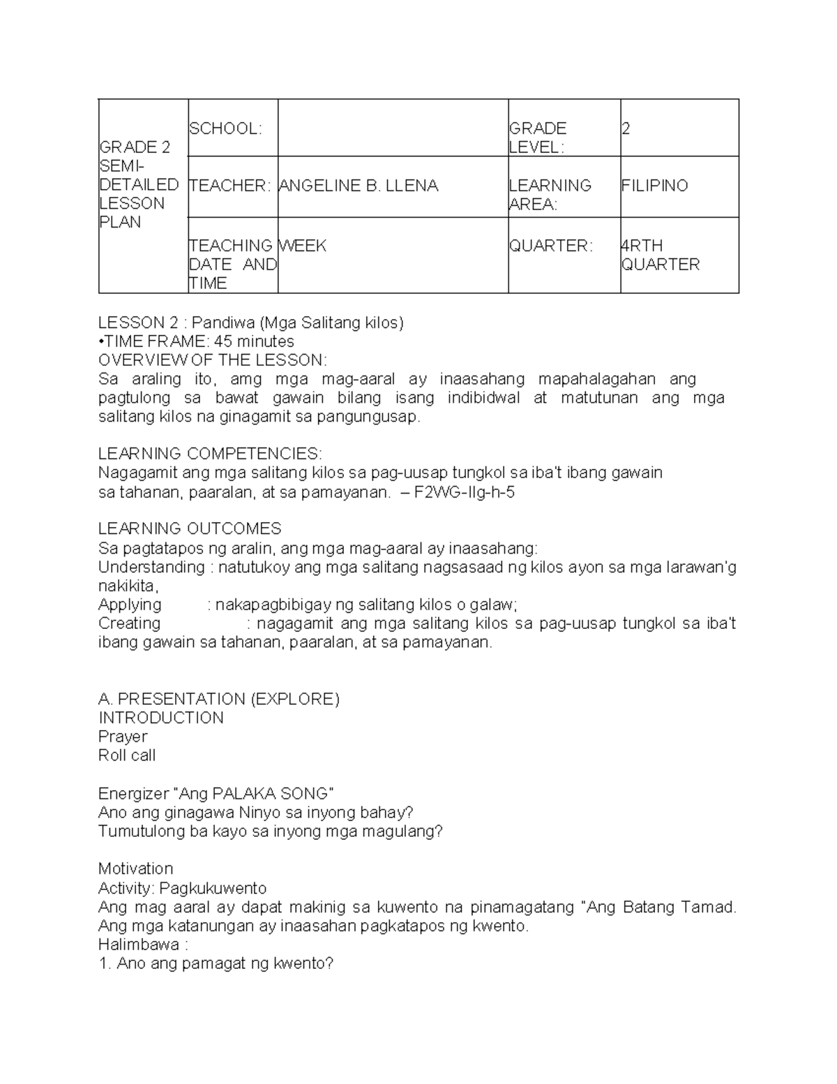 Pandiwa sa Filipino: Semi-Detailed Lesson Plan for Grade 2 (LP) - Studocu